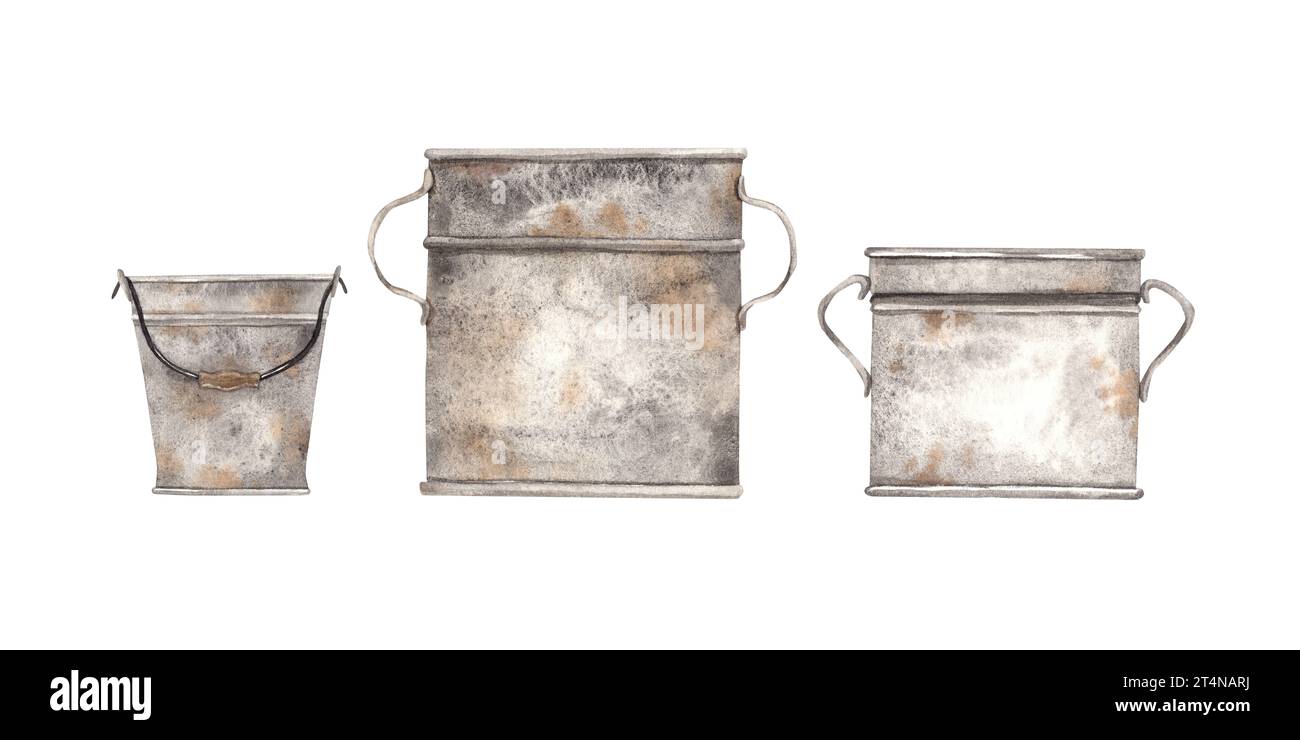 Watercolor illustration of a rusty bucket and barrels. Hand drawn ...