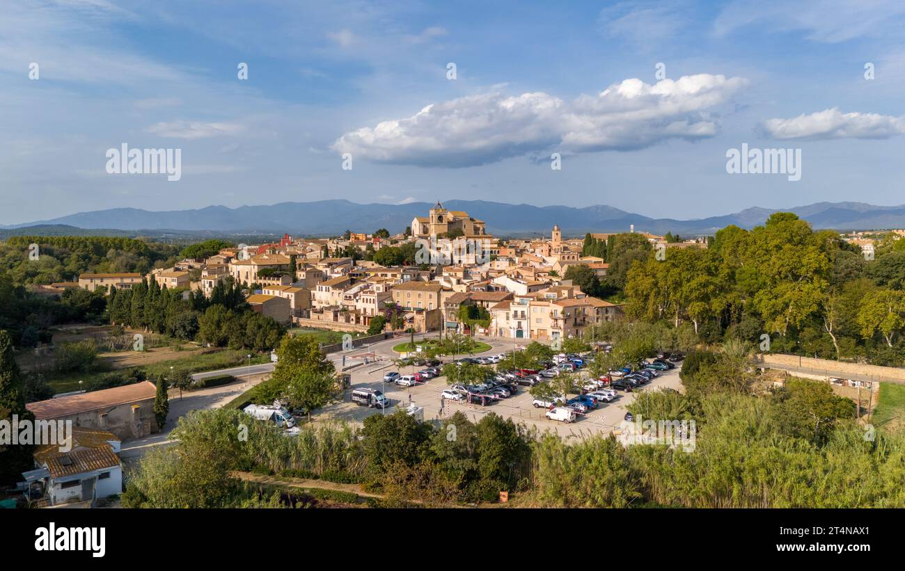 Aerial drone photo of the Spanish town named Peralada in Catalonia ...
