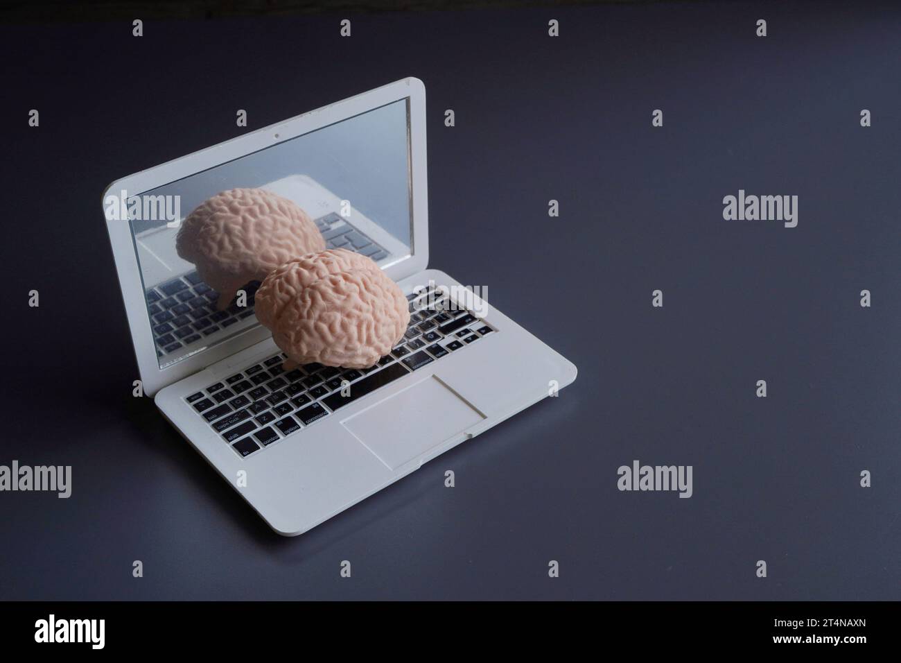 Human brain on top of laptop with copy space. Artificial intelligence ...