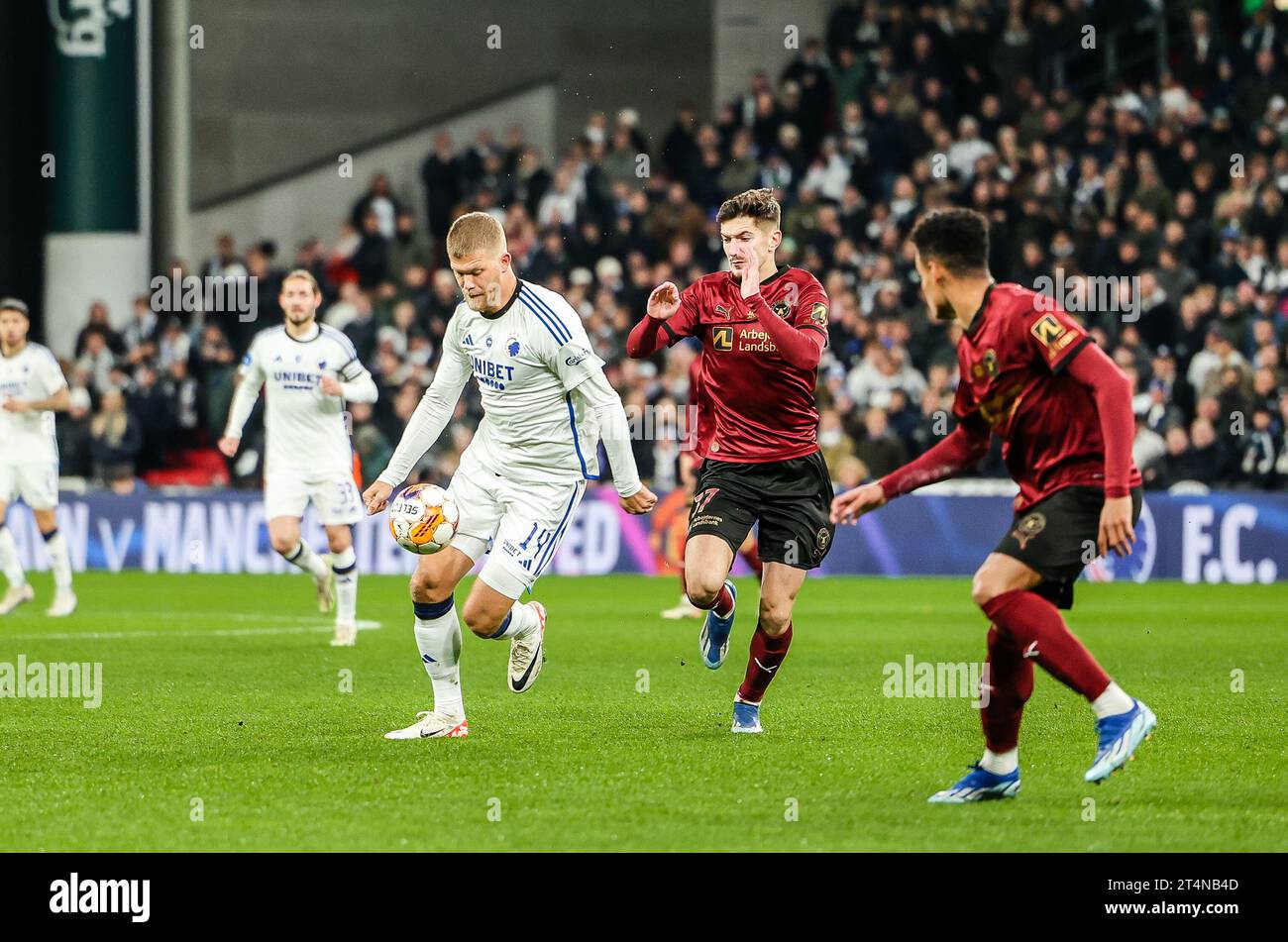 Copenhagen, Denmark. 31st Oct, 2023. Andreas Cornelius (14) of FC Copenhagen and Armin Gigovic ...