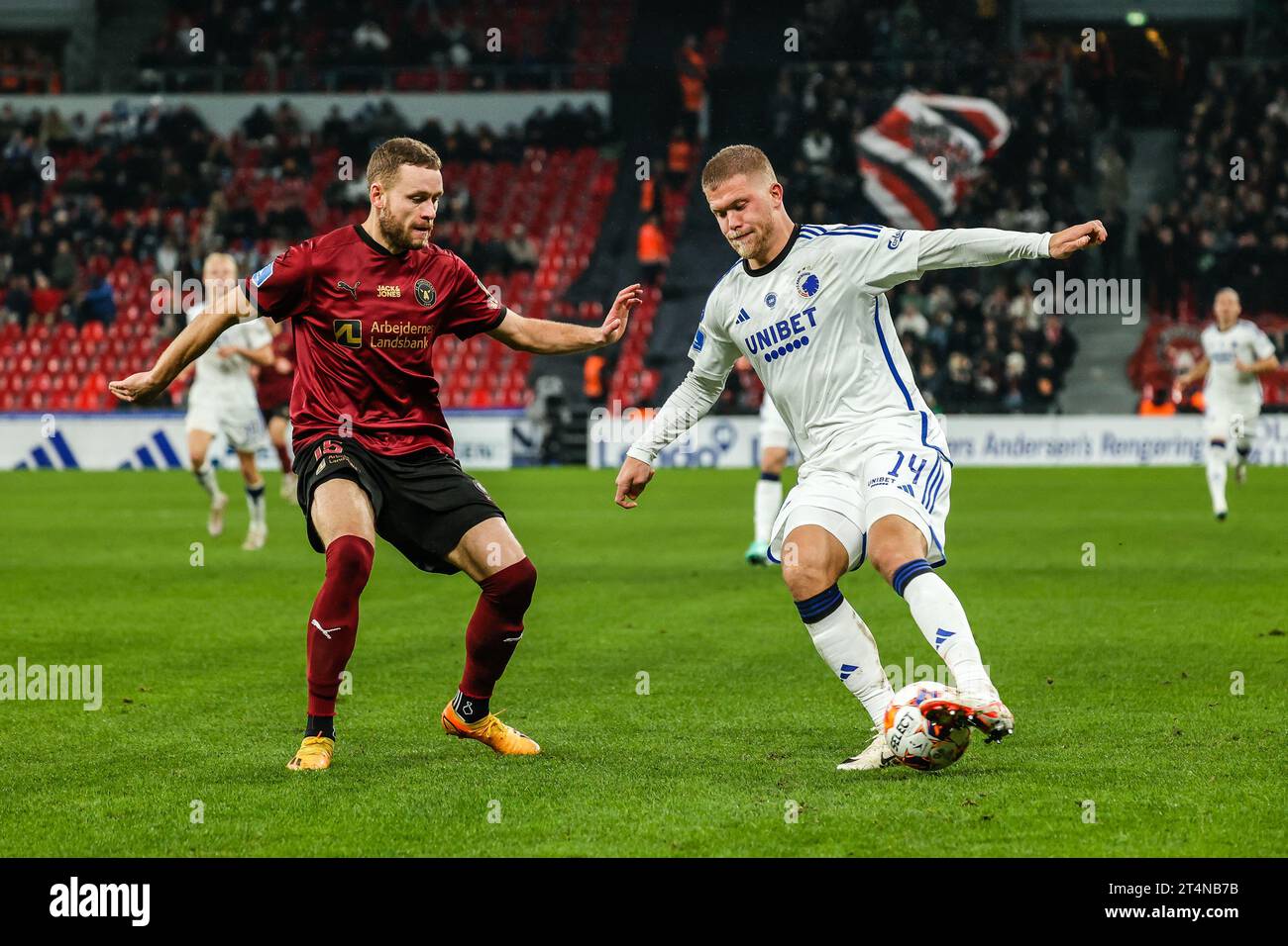 Copenhagen, Denmark. 31st Oct, 2023. Andreas Cornelius (14) of FC Copenhagen and Sverrir Ingason ...