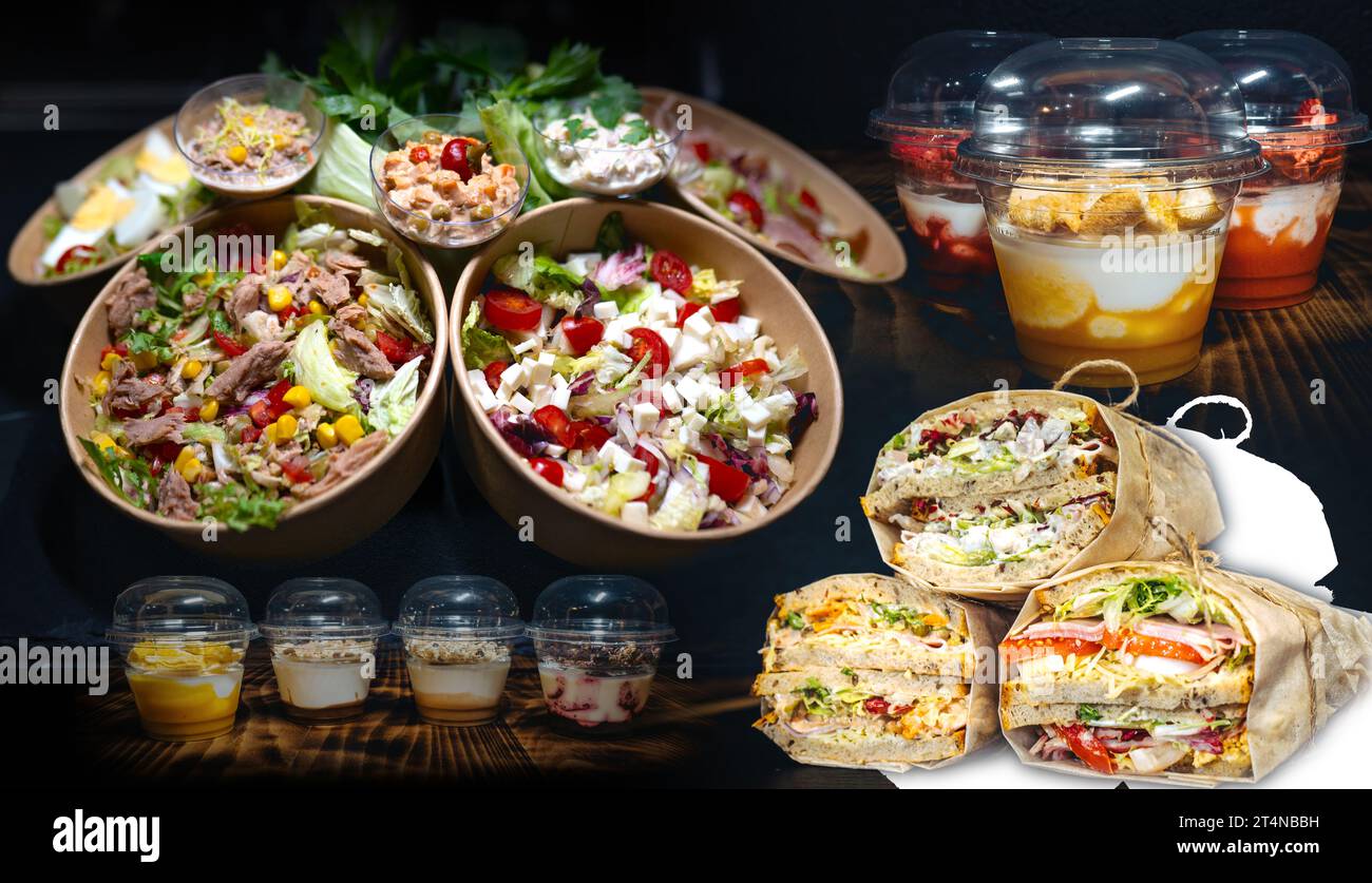 Collage with different types of salads, yogurts and toasts Stock Photo ...