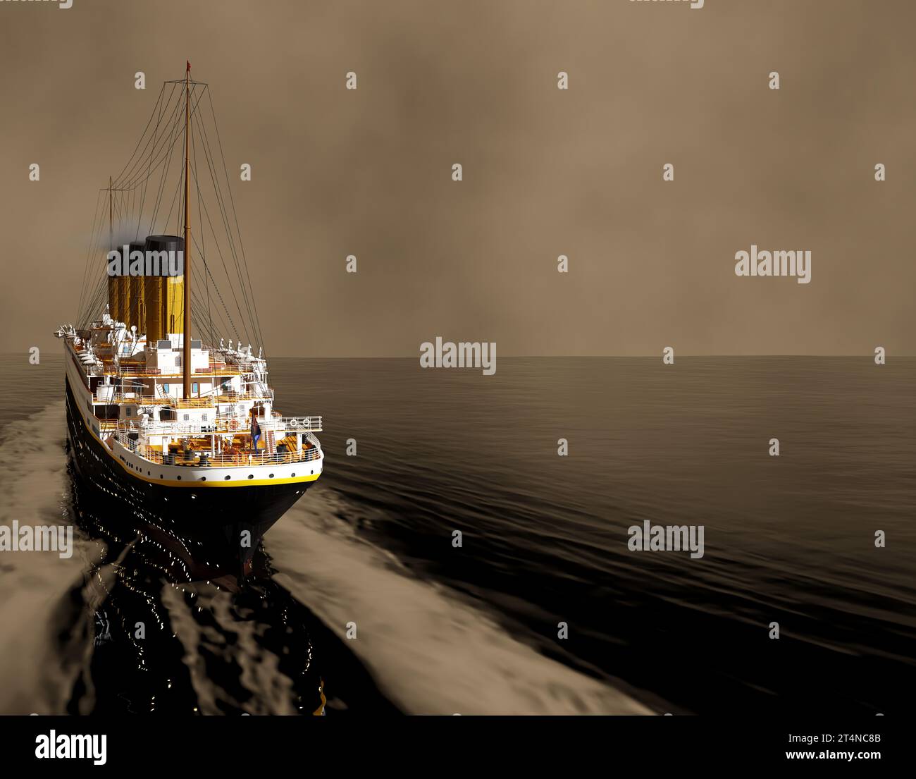 Steamboat ocean liner stern of the ship view in evening with smoking ...