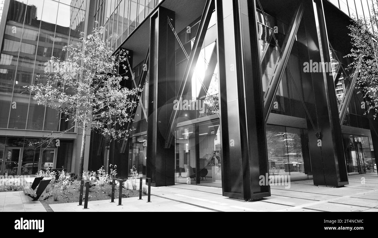 Combination of metal and glass wall material. Steel facade on columns ...