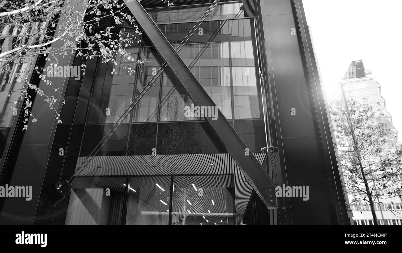 Combination of metal and glass wall material. Steel facade on columns ...