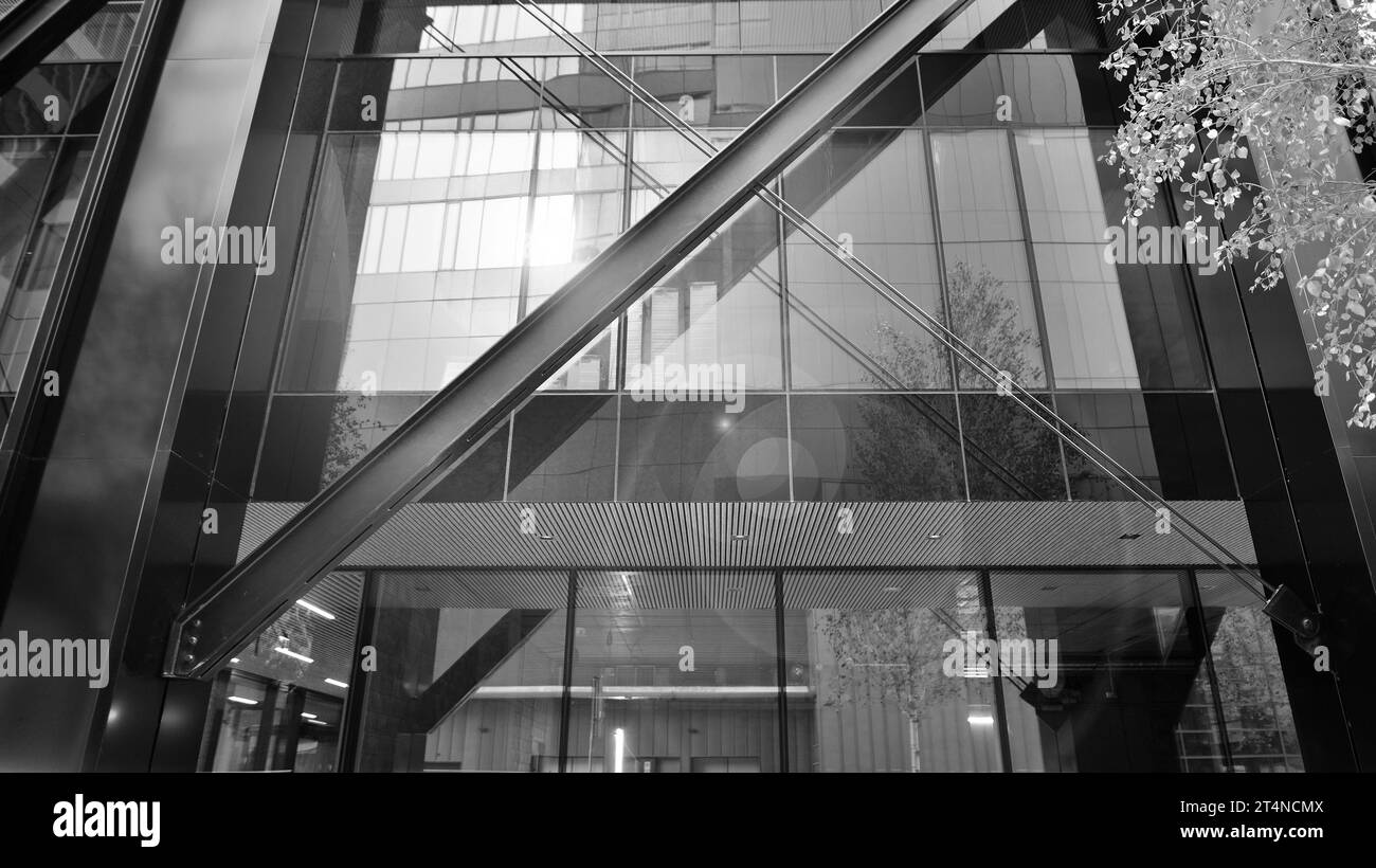 Combination of metal and glass wall material. Steel facade on columns ...