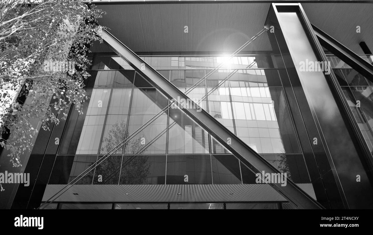 Combination of metal and glass wall material. Steel facade on columns ...