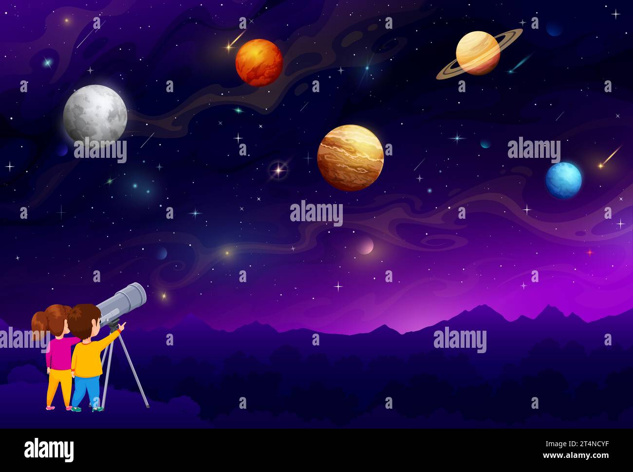 Boy and girl kids looking in telescope at night sky to space planets ...