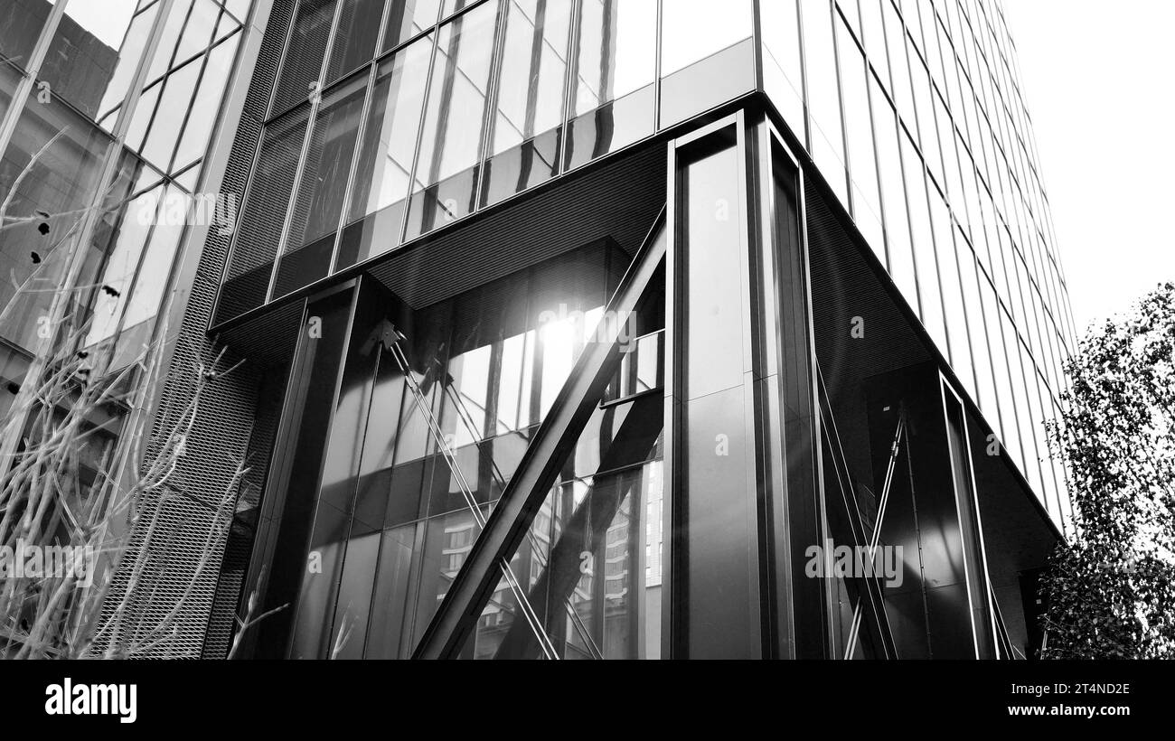 Combination of metal and glass wall material. Steel facade on columns ...