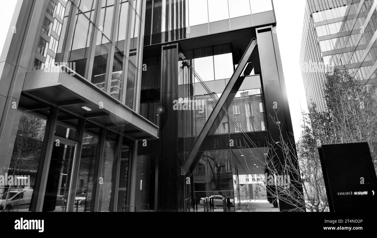 Combination Of Metal And Glass Wall Material Steel Facade On Columns Abstract Modern