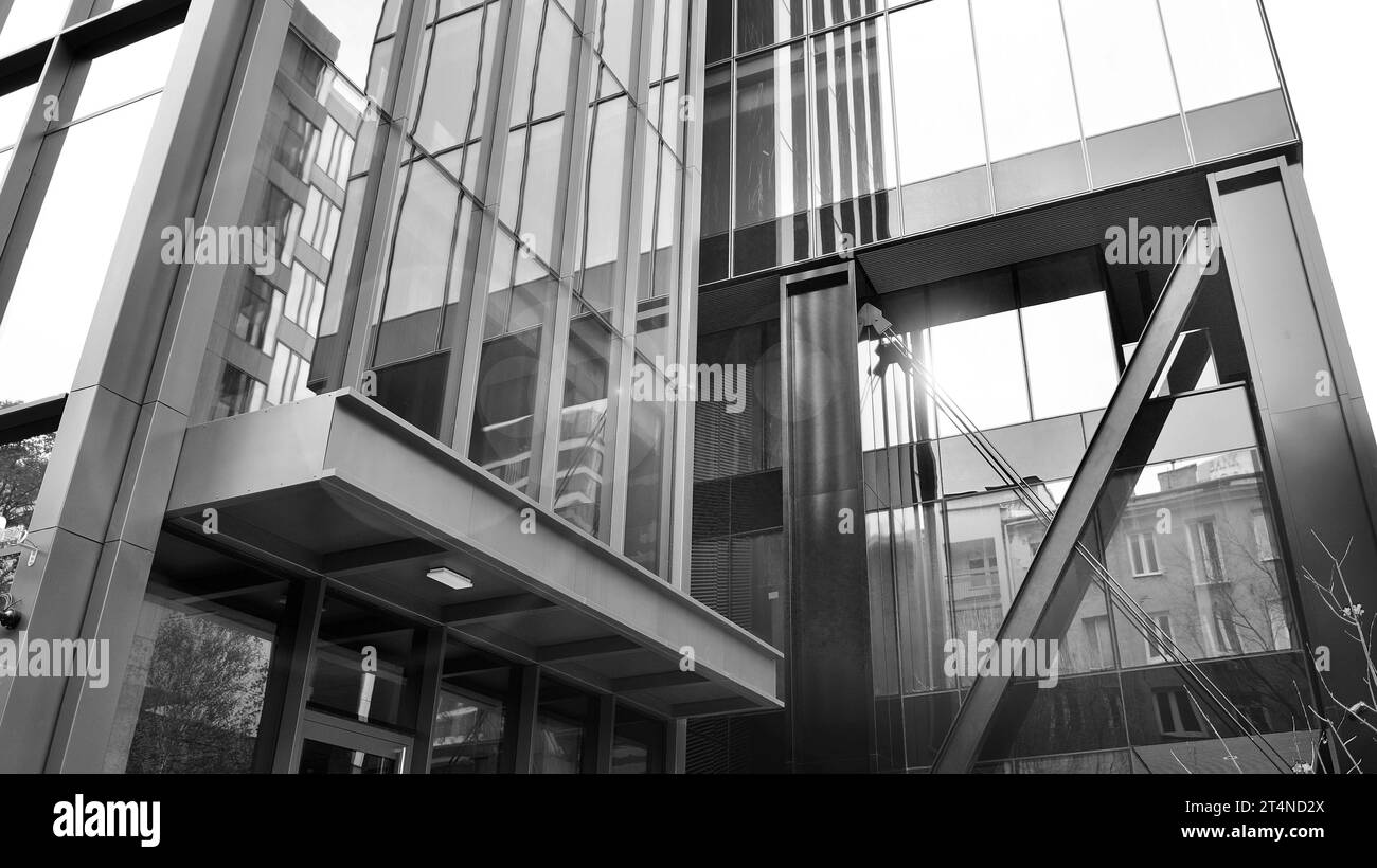 Combination of metal and glass wall material. Steel facade on columns ...