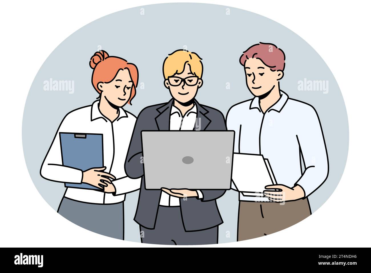 Man in glasses demonstrates business presentation on laptop to ...