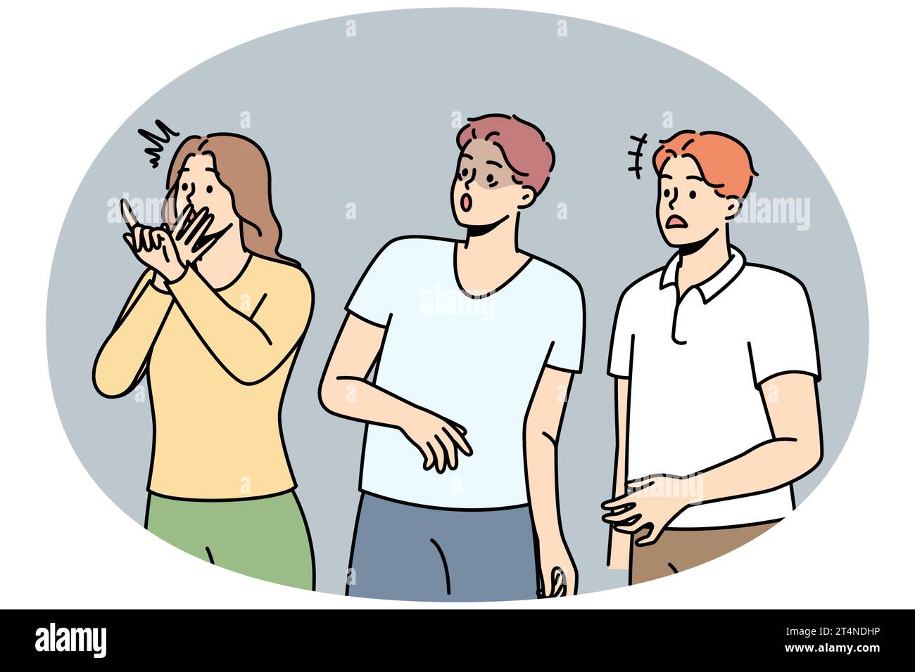 People watch unpleasant event in fear and excitement. Men, woman look ...