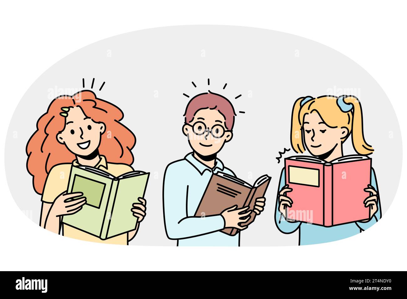 Curious children love to read paper books. Portraits of smart ...