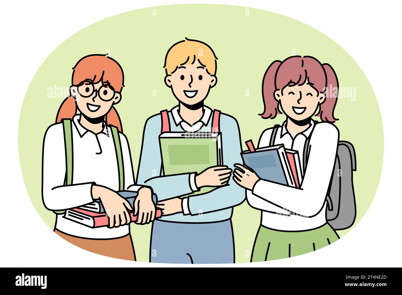 Two girl, boy with college bags stands together, keep textbooks, smiles ...