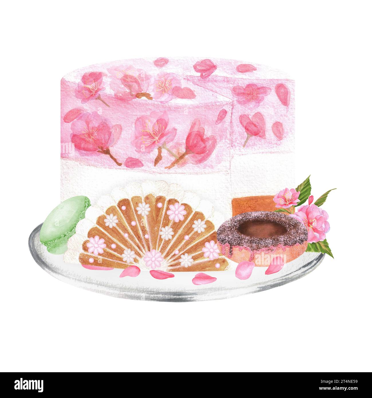 Hand-drawn watercolor illustration. A cake with sakura souffle on the ...