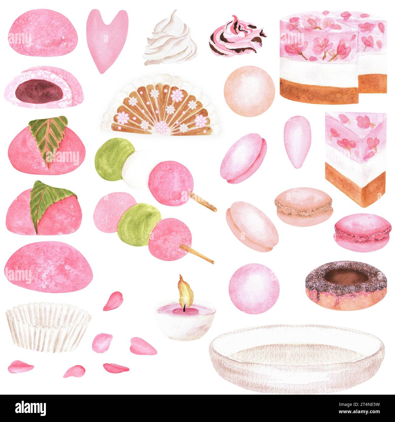 A bundle of hand-drawn watercolor illustrations. Sakura mochi, dango ...