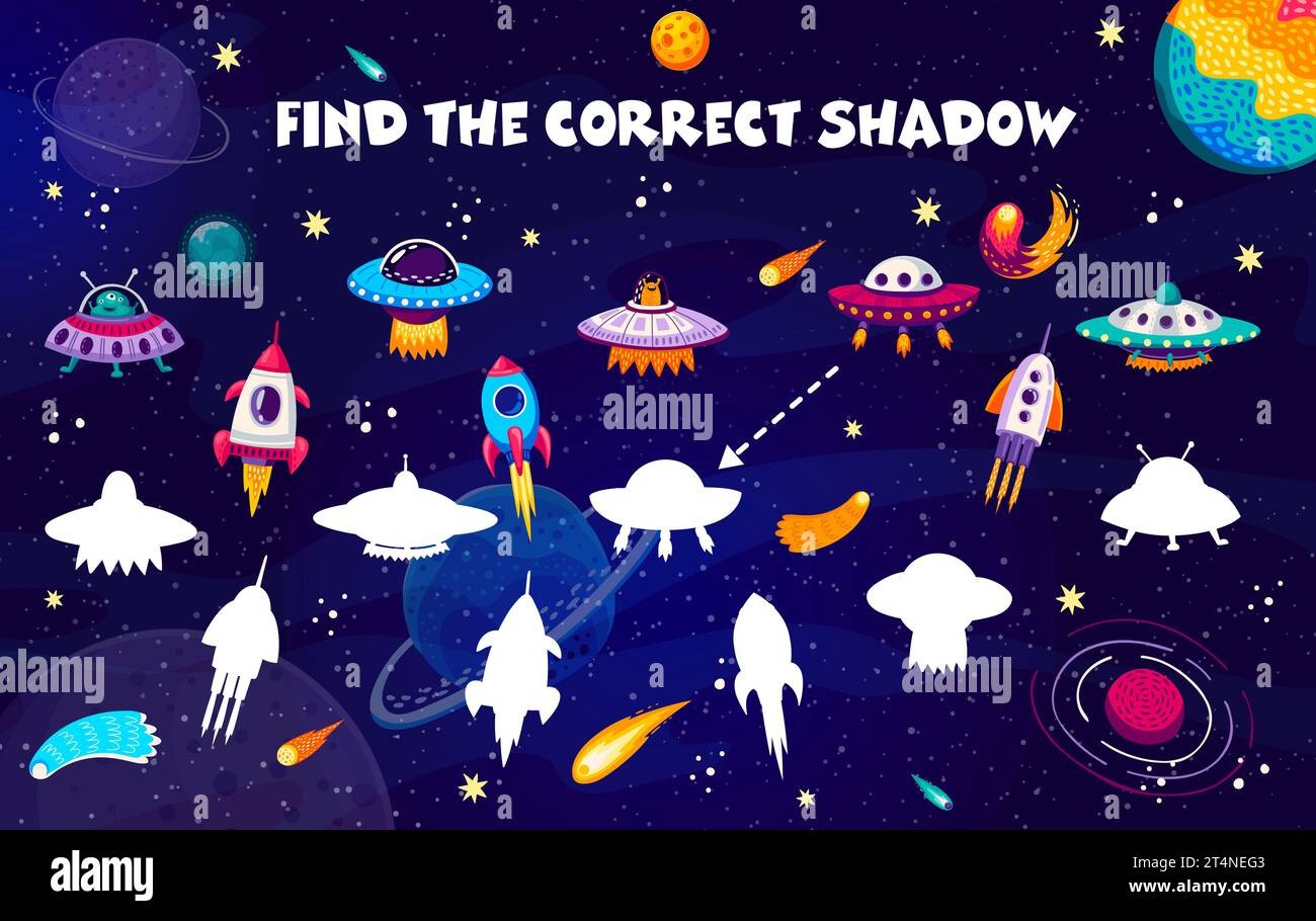Find the correct shadow of rocket and UFO spaceships kids game ...