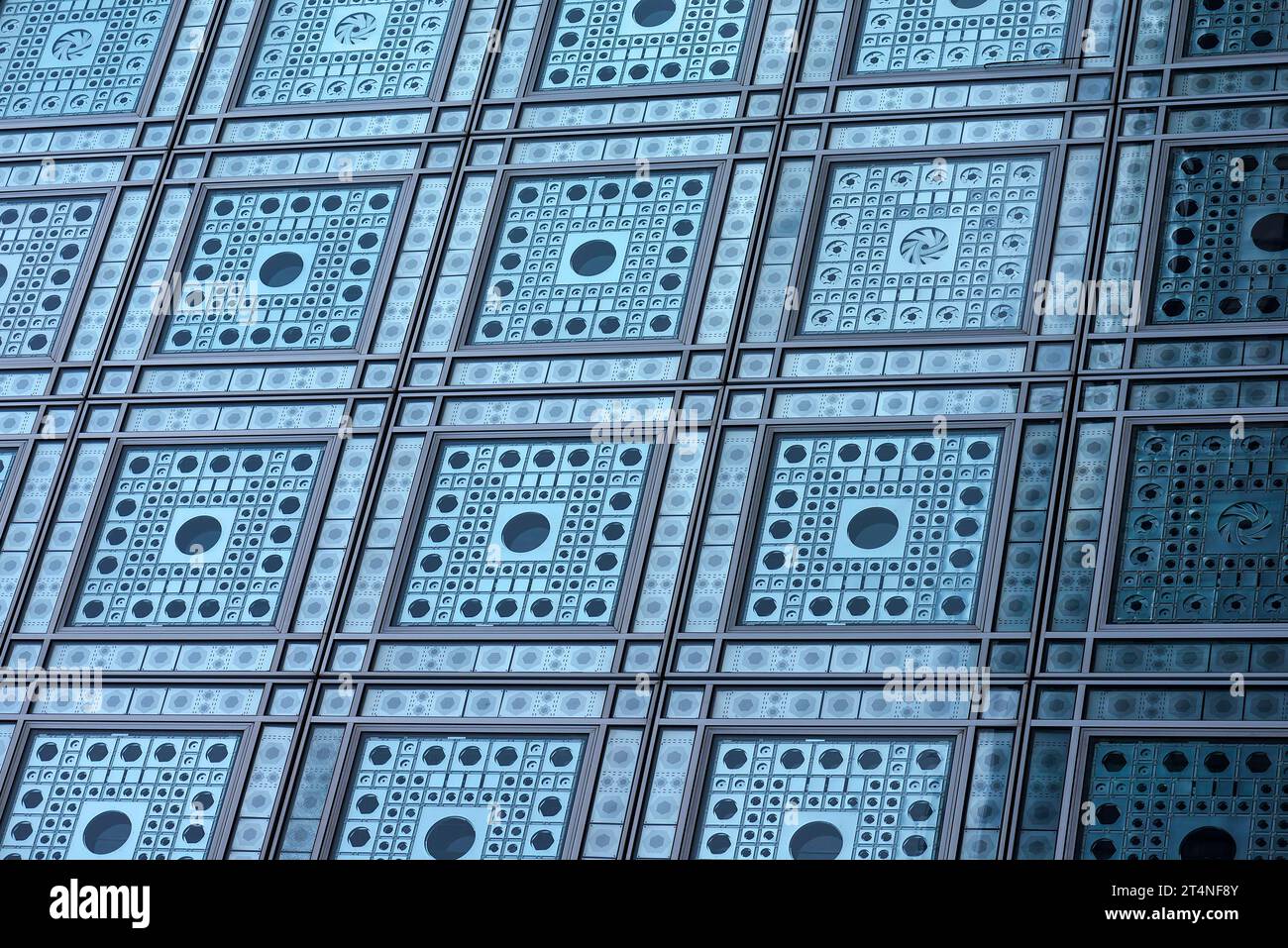Detail of the decorative glass facade of the Arab World Institute ...