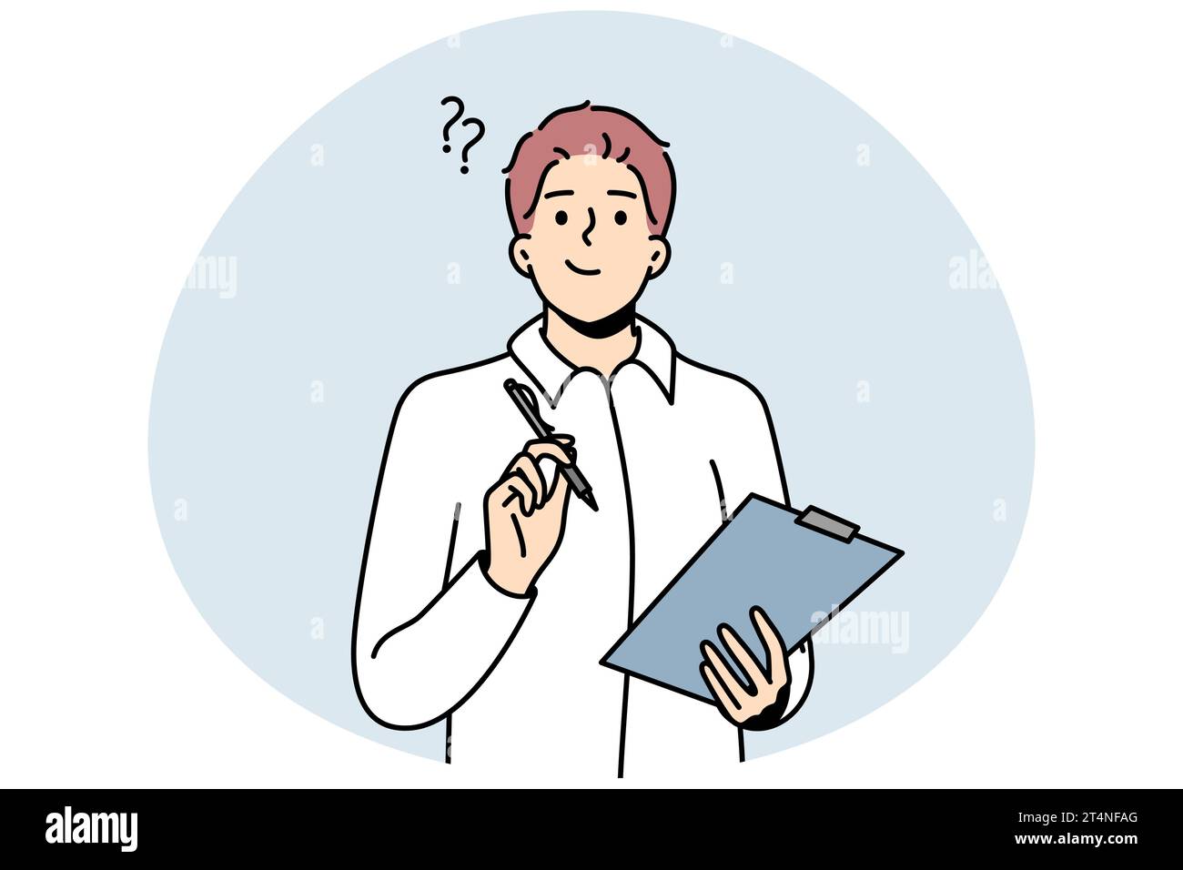 Man thinks, holds clipboard, pen in hands. Guy selects phrases for ...