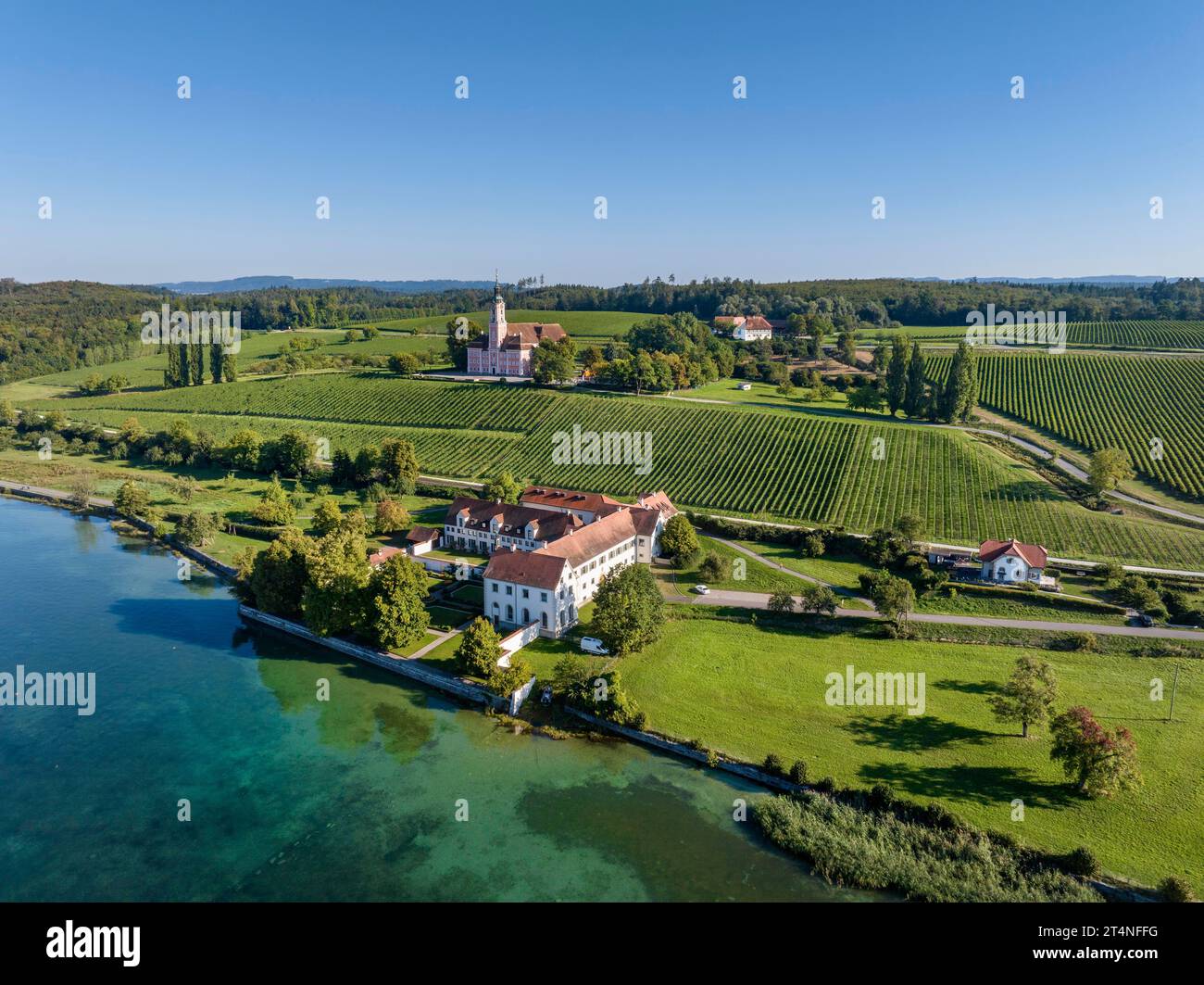 Aerial view of Maurach Castle on Lake Constance, below the Birnau ...