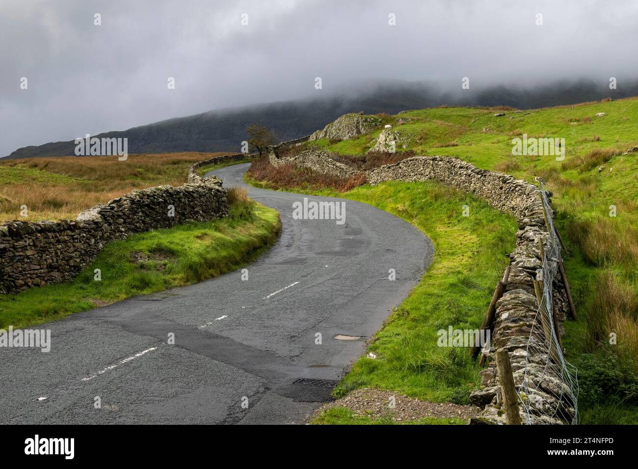 Typical road with stone wall, Lake District National Park, Cumbria ...
