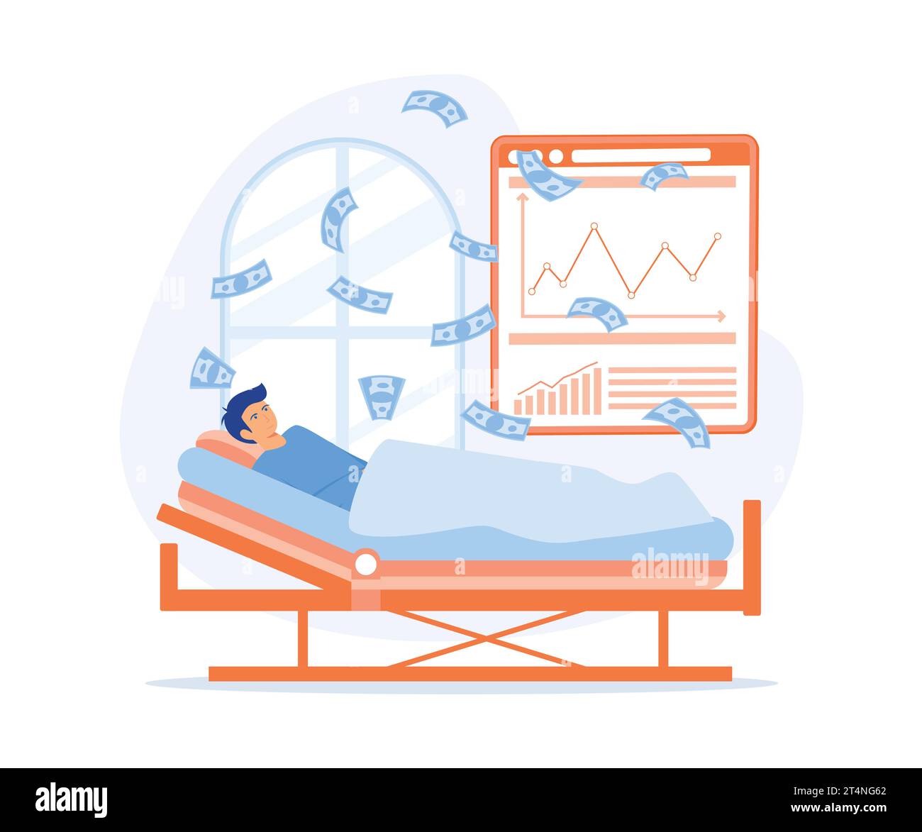 Passive income, man earning money while sleeping at home in bedroom ...