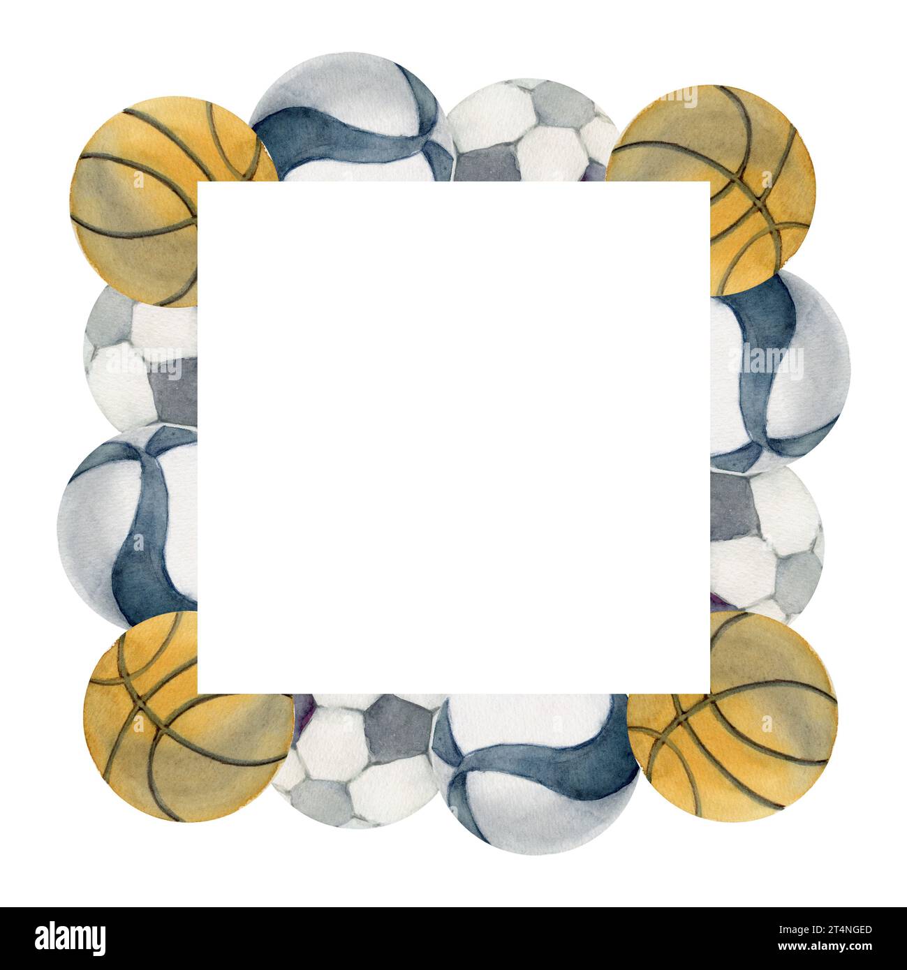 Hand drawn watercolor sports equipment, basketball volleyball soccer ...