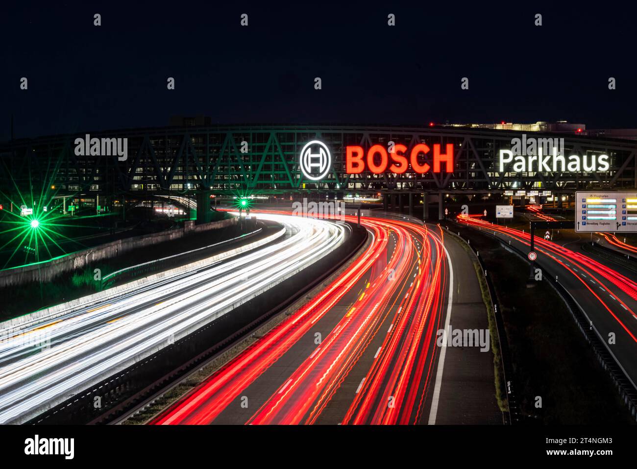 A8 motorway at Stuttgart Airport with Bosch multi-storey car park. The ...