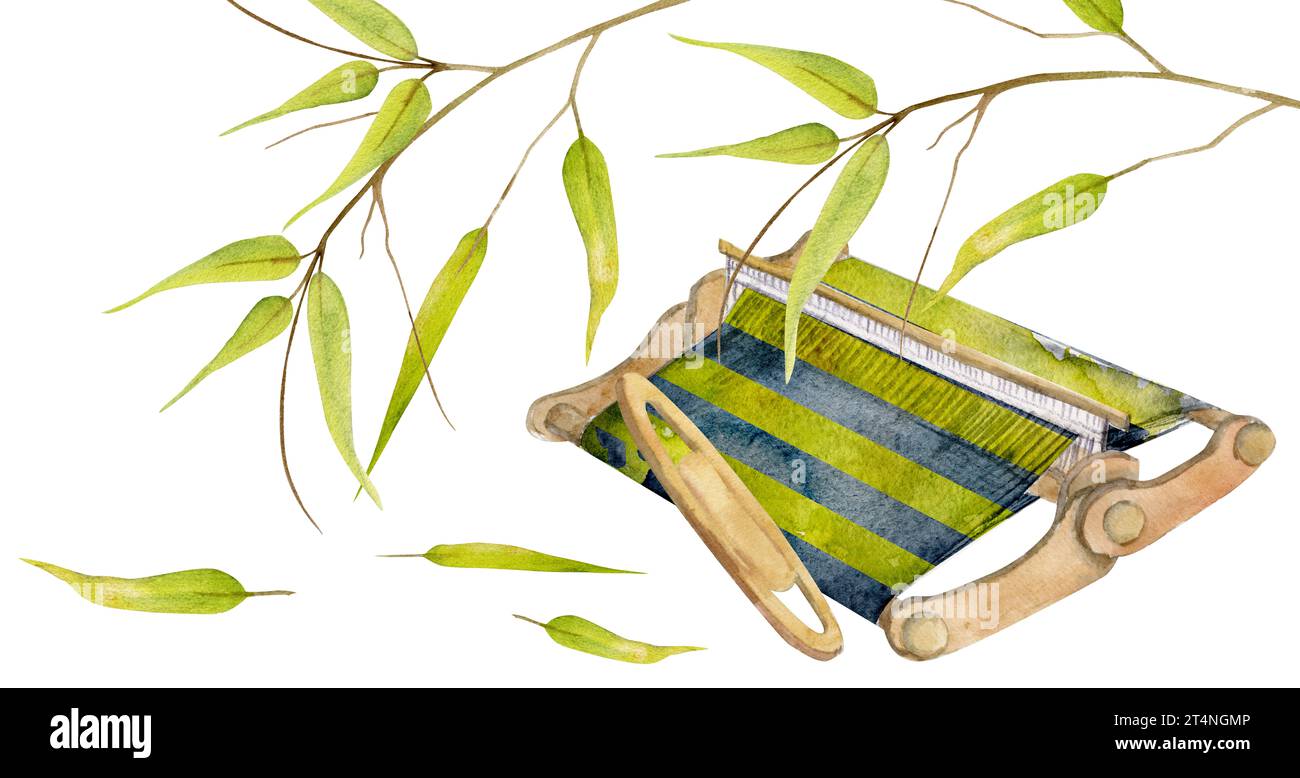 Hand drawn watercolor weaving loom, shuttle, bamboo leaves for hobby ...