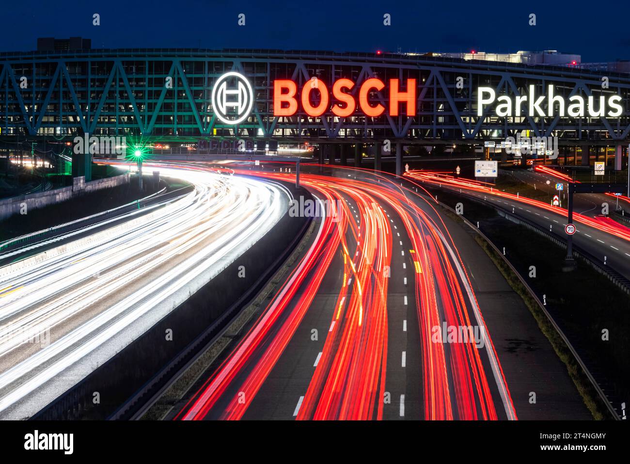 A8 motorway at Stuttgart Airport with Bosch multi-storey car park. The ...