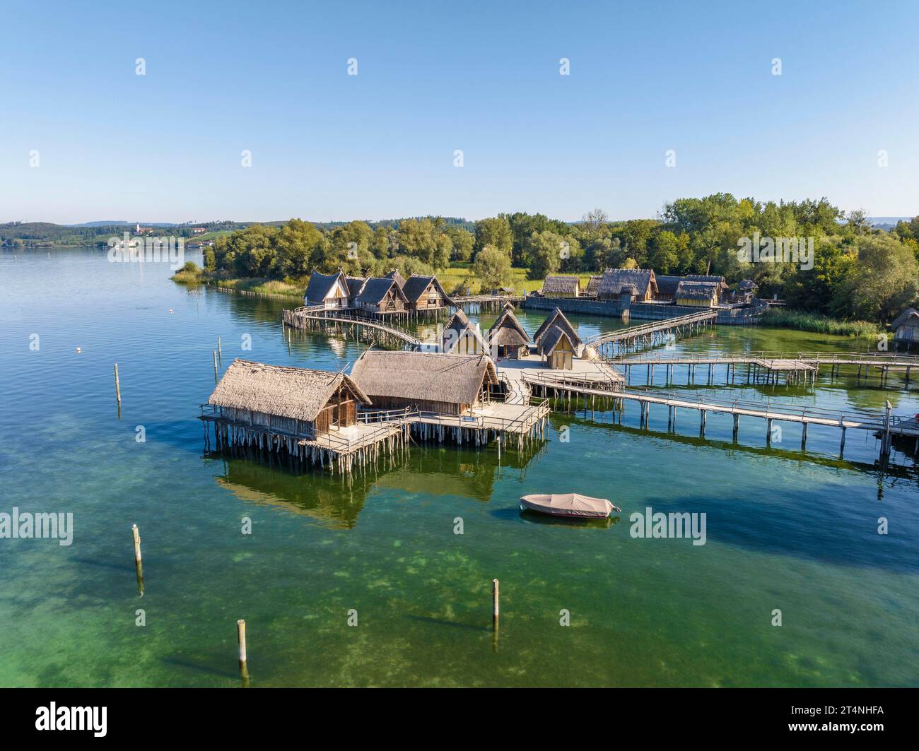 Aerial view of the reconstructed pile dwellings on the shore of Lake ...