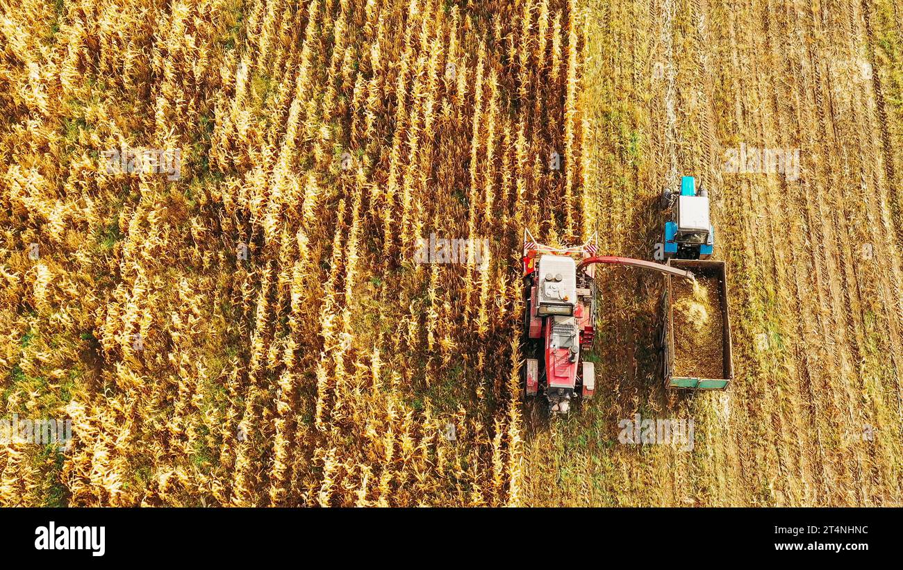 Aerial View Of Rural Landscape. Combine Harvester And Tractor Working ...