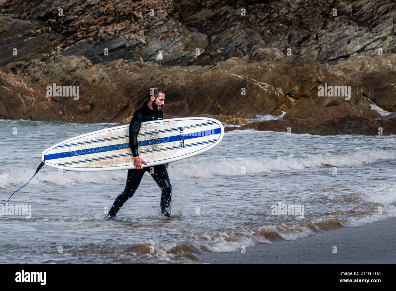 A tired male surfer carrying his surfboard after a surfing session at ...