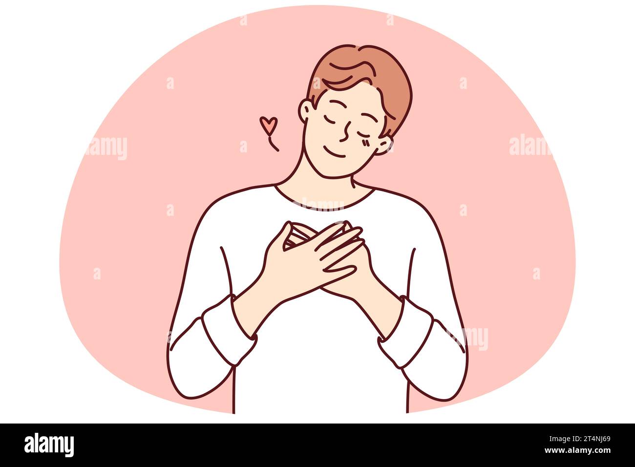 Happy young man hold hands on chest feeling grateful and thankful ...