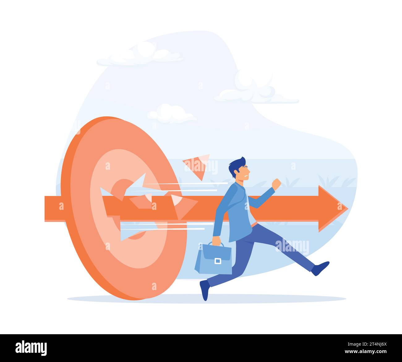 business goal concept, Super businessman running and breaking target ...