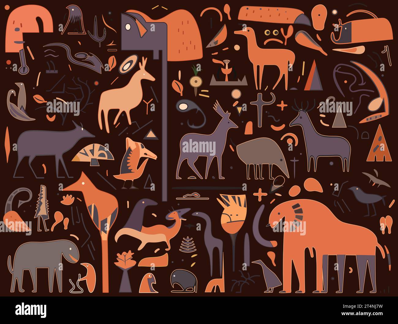 Mythical animals, symbols and figures in the style of cave paintings ...