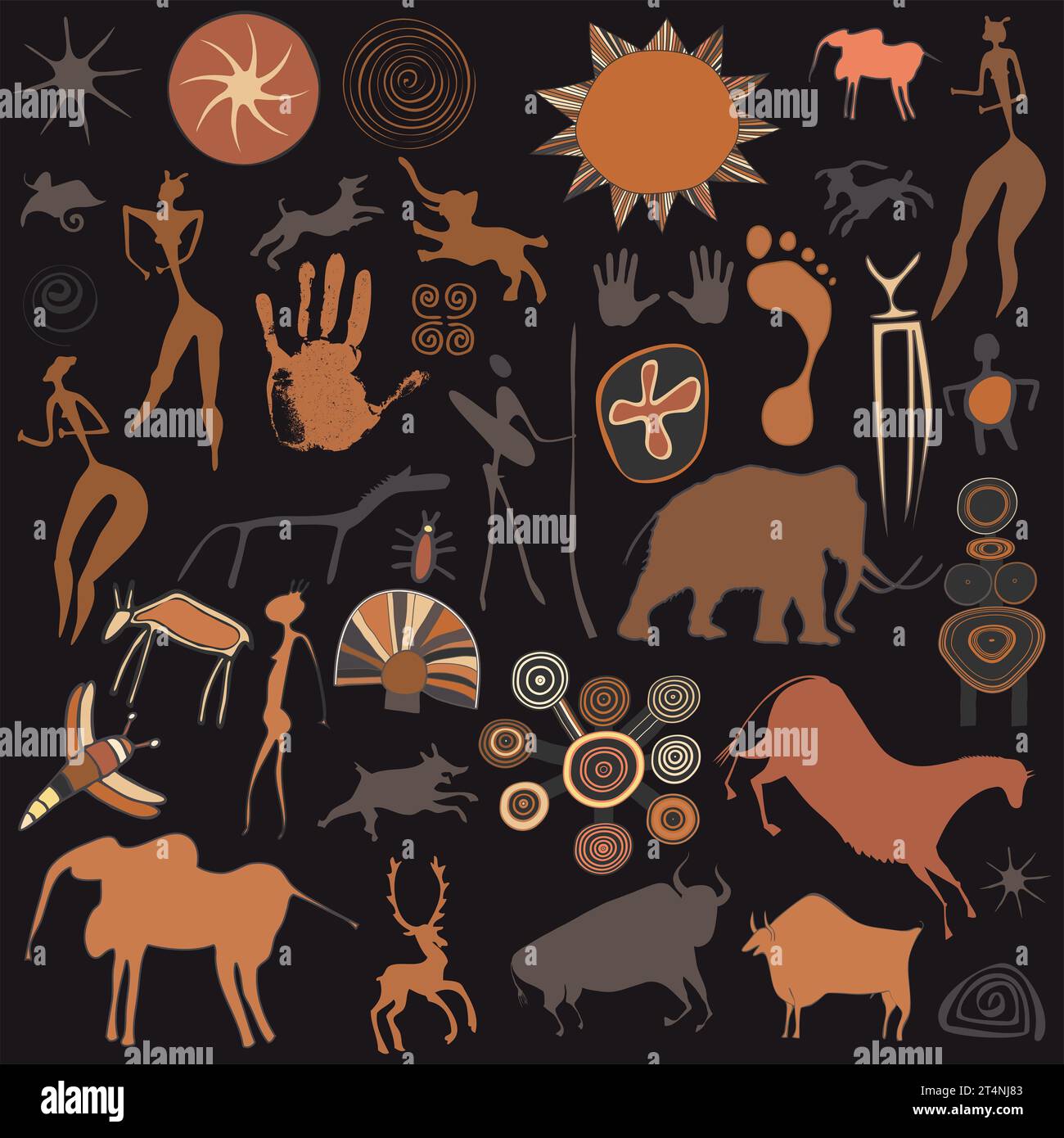 Various figures, animals and symbols in the style of cave paintings and ...