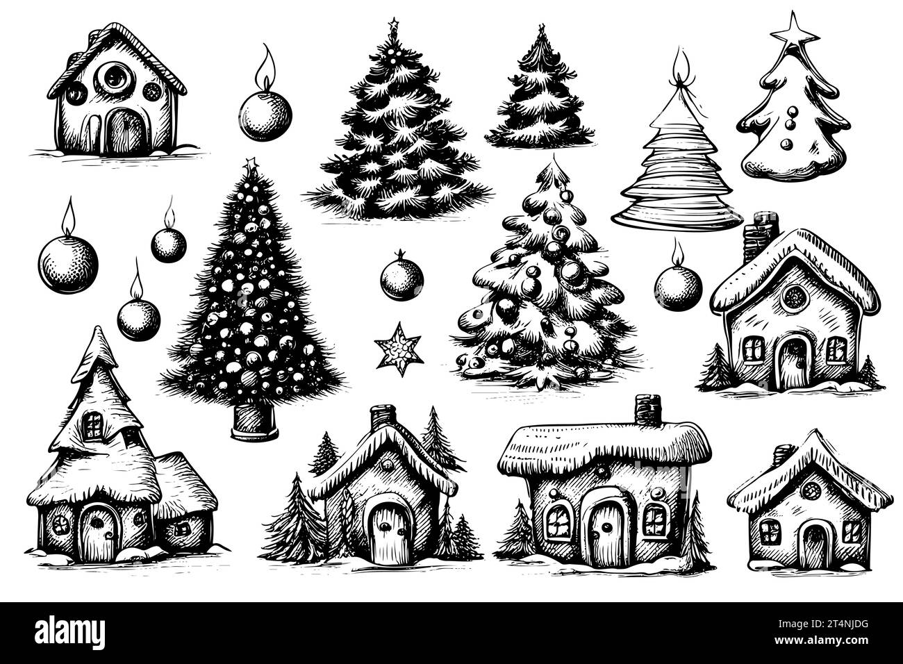 set hand drawn sketches. Cute cottage Christmas tree and paraphernalia ...