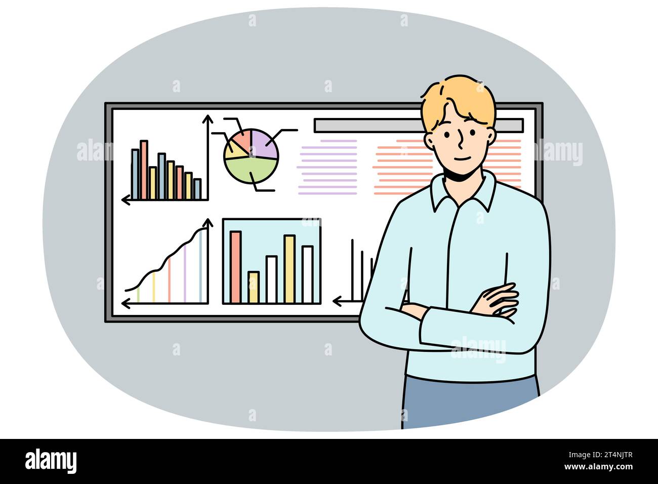 Man stands next to board for presentations, reflecting graphs, charts ...