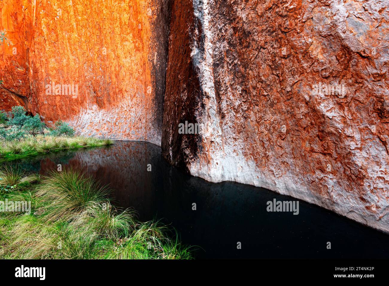 Kantju Gorge waterhole at the base of Uluru filled with fresh water ...