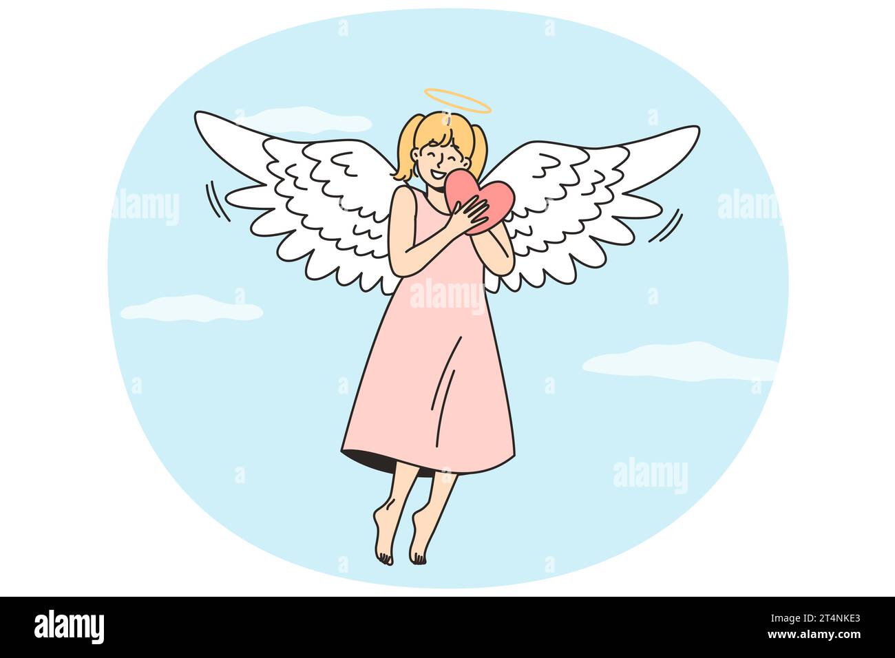Girl soars in sky hugging heart, smiling. Joyful angel with wings, halo ...