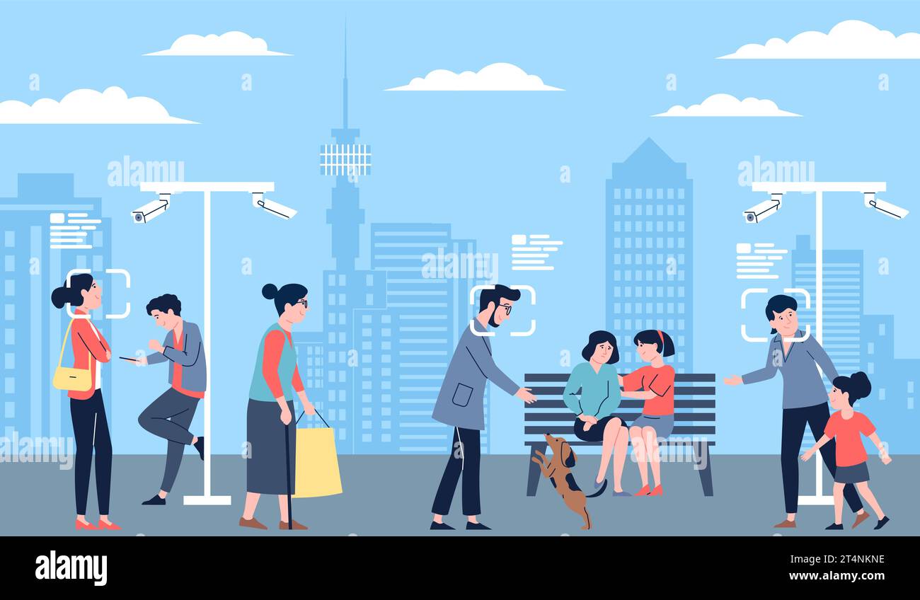 People recognition in crowd. Identification person on face in city ...