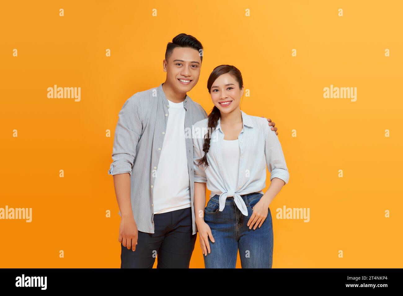 Photo of optimistic couple hug look with empty space isolated on vivid ...