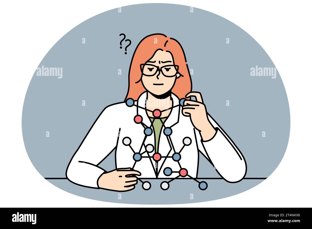 Woman scientist sitting at desk, looks at molecule model. Lady in ...