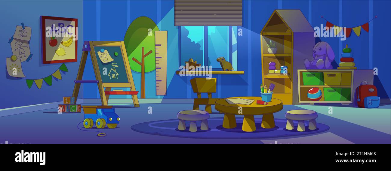 Kindergarten classroom at night cartoon interior. Preschool room for ...