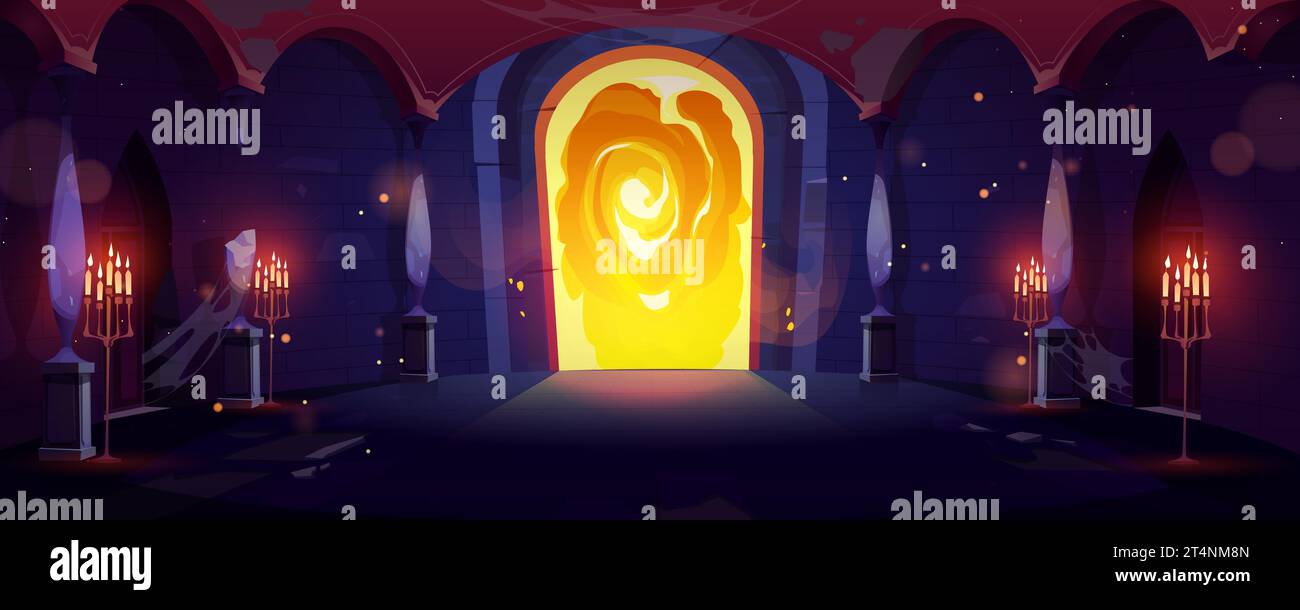 Magic portal in medieval castle. Vector cartoon illustration of large ...