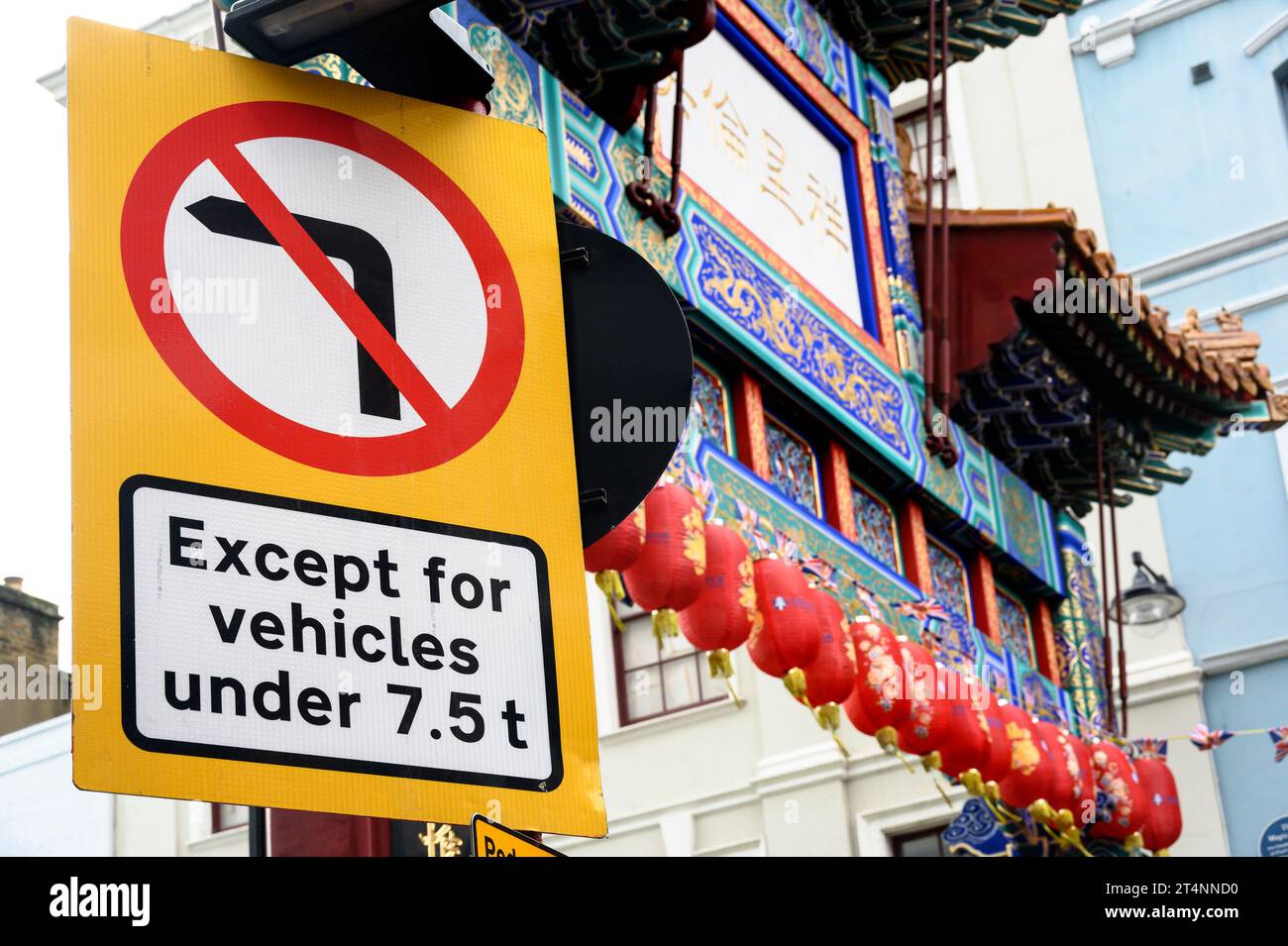 London, UK. No Left Turn sign (for large vehicles) in Chinatown Stock ...