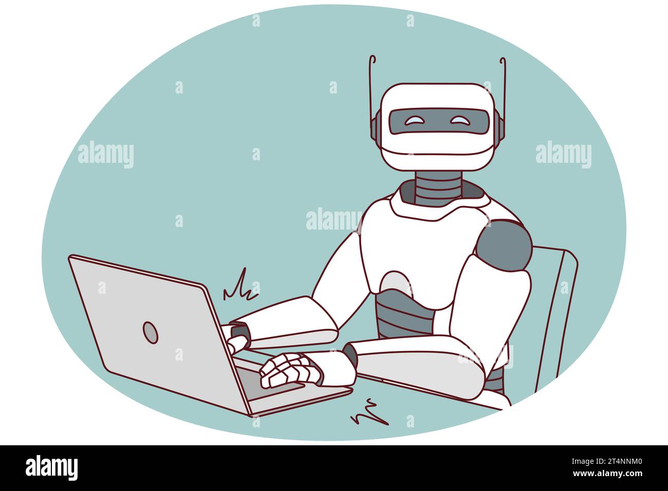 Robot working on computer in office. Modern humanoid typing on laptop ...