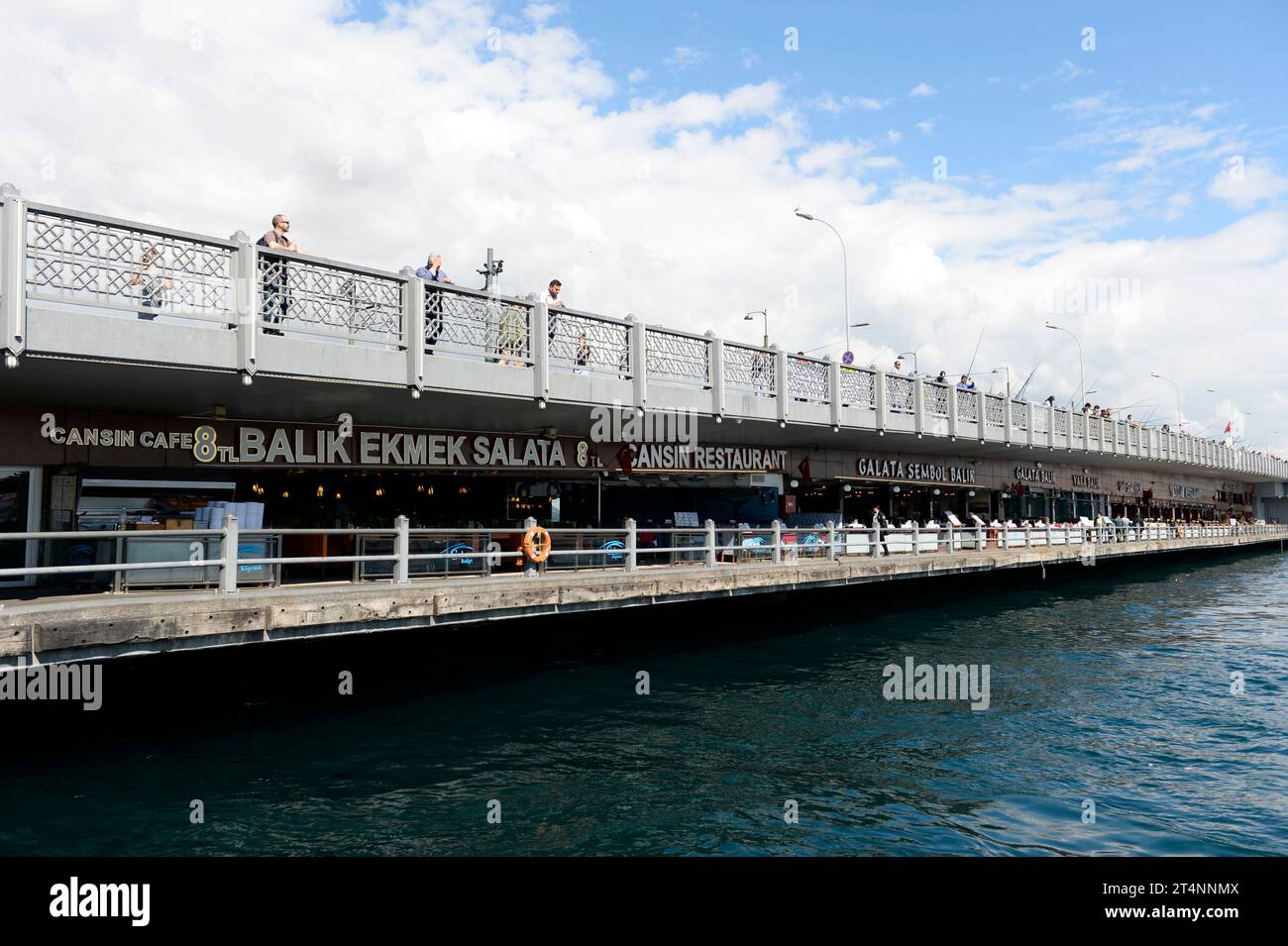 Istanbul, Türkiye. Fishermen on the Galata Bridge. Restaurants under ...